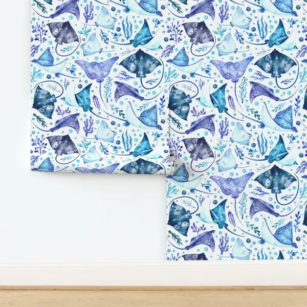 Spoonflower Watercolor Stingrays White Seaweed Ocean Custom Pre-pasted Wallpaper
