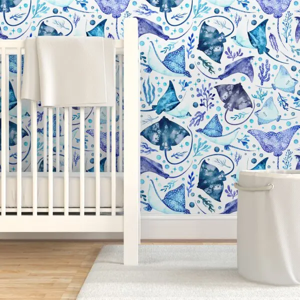 Spoonflower Watercolor Stingrays White Seaweed Ocean Custom Pre-pasted Wallpaper