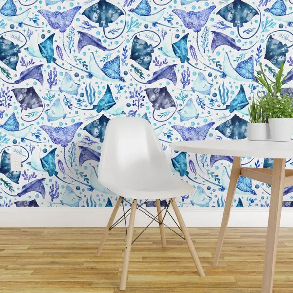 Spoonflower Watercolor Stingrays White Seaweed Ocean Custom Pre-pasted Wallpaper