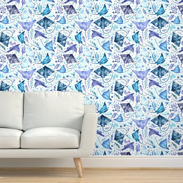 Spoonflower Watercolor Stingrays White Seaweed Ocean Custom Pre-pasted Wallpaper