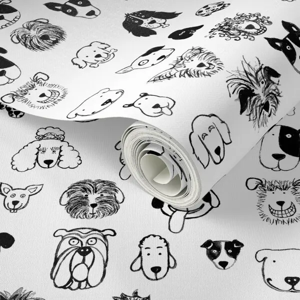 Spoonflower Black White Dogs Happy Print Illustration Faces Custom Removable Wallpaper - White,black,gray