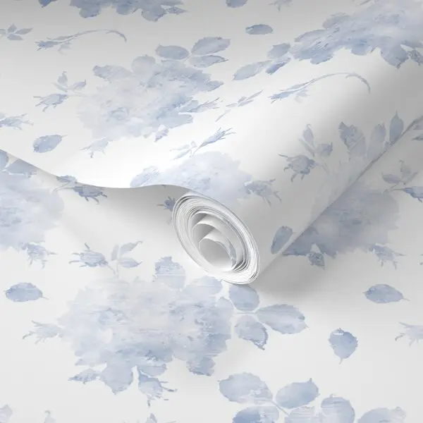 Spoonflower Flowers Floral Romantic Roses Watercolor Blue And Traditional Wallpaper - White,gray,blue
