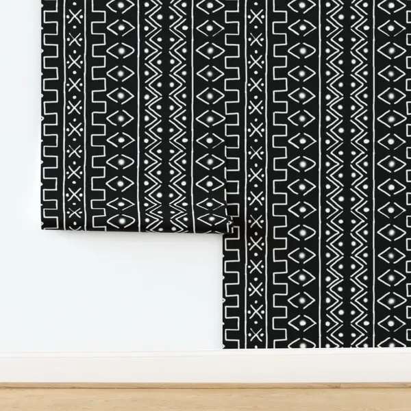 Spoonflower White On Black Mudcloth Custom Pre-pasted Wallpaper