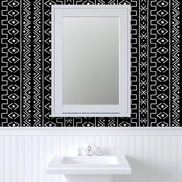 Spoonflower White On Black Mudcloth Custom Pre-pasted Wallpaper