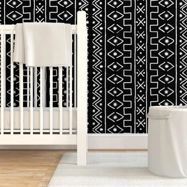 Spoonflower White On Black Mudcloth Custom Pre-pasted Wallpaper