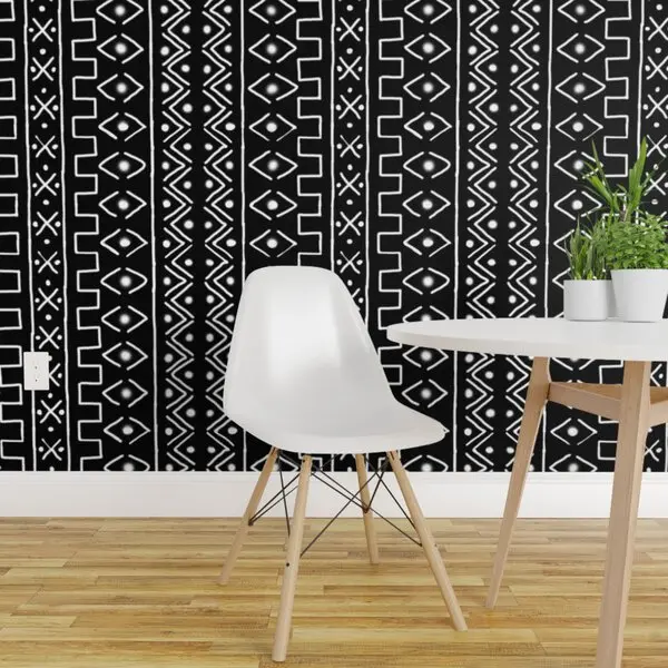Spoonflower White On Black Mudcloth Custom Pre-pasted Wallpaper