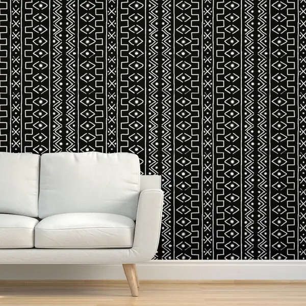 Spoonflower White On Black Mudcloth Custom Pre-pasted Wallpaper
