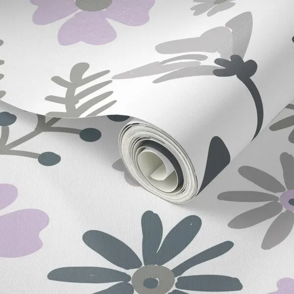 Spoonflower Lilac Gray Floral Winter Purple Branches Cottage Custom Removable Wallpaper - Gray,purple