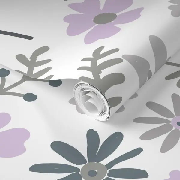 Spoonflower Lilac Gray Floral Winter Purple Branches Cottage Custom Removable Wallpaper - Gray,purple