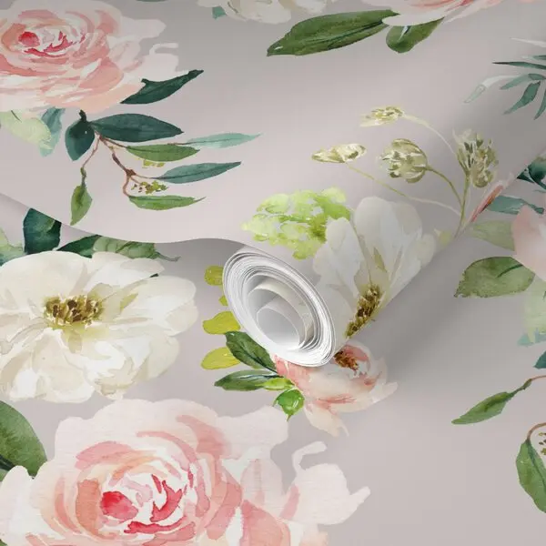 Spoonflower Flower Flowers Chic Floral Rose Roses Custom Pre-pasted Wallpaper - Gray,green