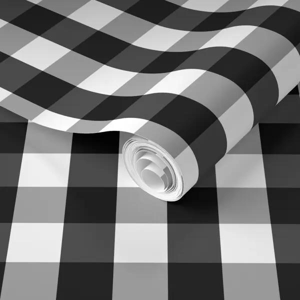 Spoonflower Black And White Plaid Gingham Squares Check Tartan Custom Pre-pasted Wallpaper - Black,white,gray