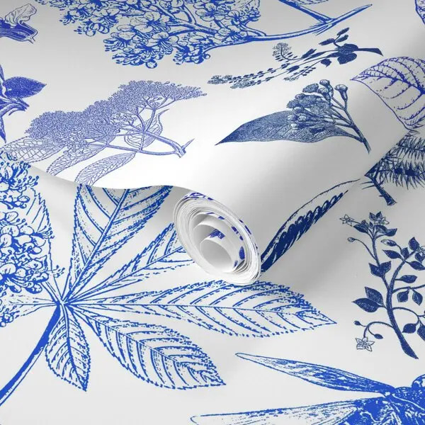 Spoonflower Nature Bugs Botanical Blue Chinoiserie Floral Traditional Wallpaper - Blue,white,gray