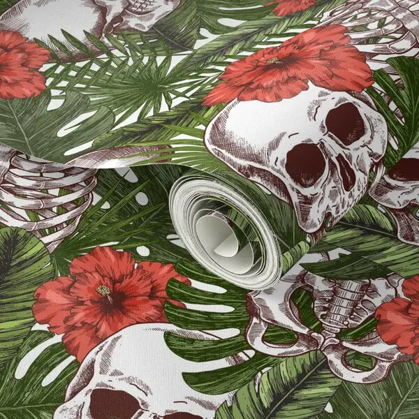 Spoonflower Green Floral Plants Skull Jungle Beach Custom Pre-pasted Wallpaper - Green,pink,brown