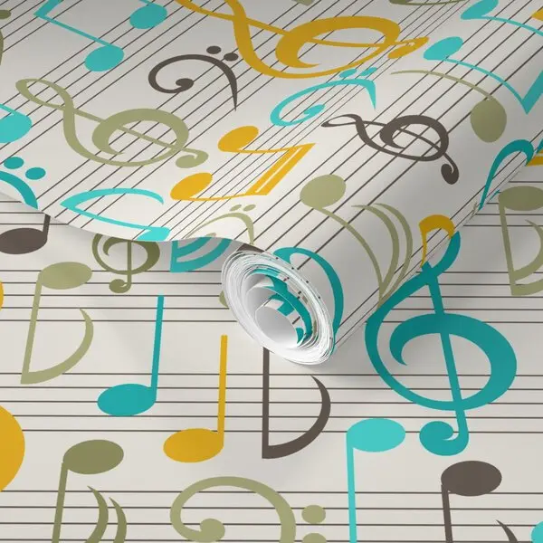 Spoonflower Music Fashion Trumpet Notes Piano Custom Pre-pasted Wallpaper - Gray,yellow,mint