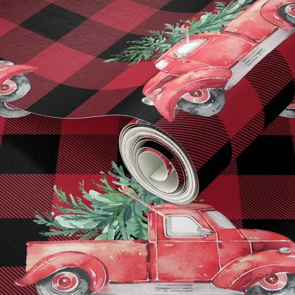 Spoonflower Christmas Vintage Trucks Red Buffalo Check Custom Pre-pasted Wallpaper - Red,black,pink