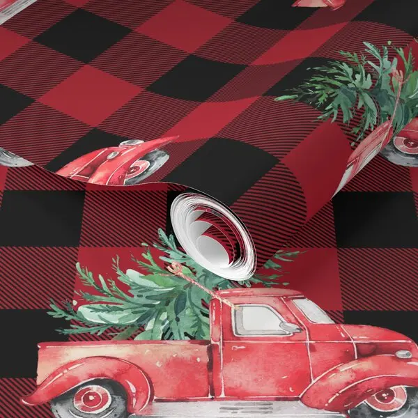 Spoonflower Christmas Vintage Trucks Red Buffalo Check Custom Pre-pasted Wallpaper - Red,black,pink