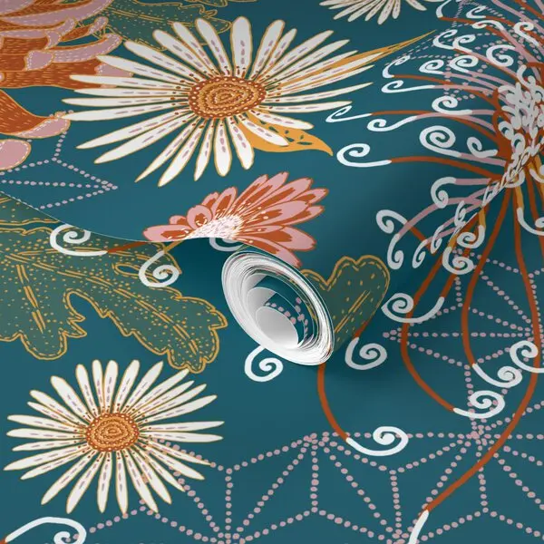 Spoonflower Autumn Flowers Japanese Inspired Floral Gold And Custom Pre-pasted Wallpaper - Blue,orange,teal