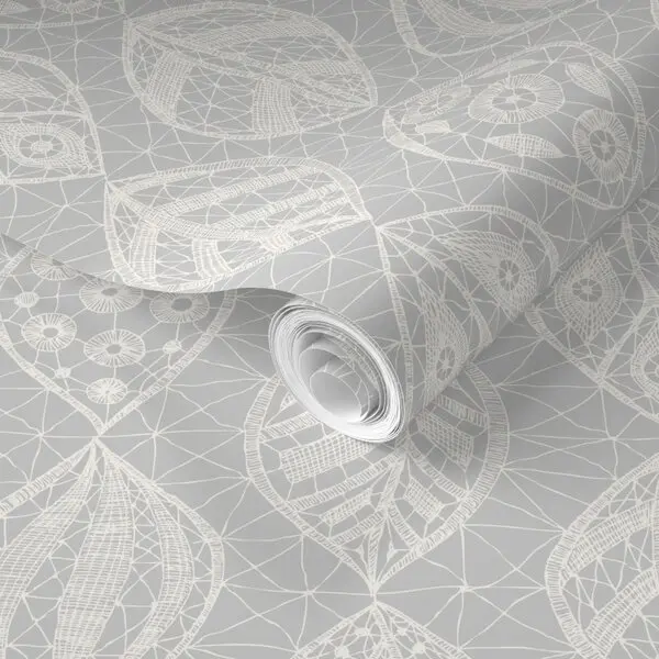Spoonflower White Leaves Lace Grey Light Victorian Custom Pre-pasted Wallpaper - White,gray