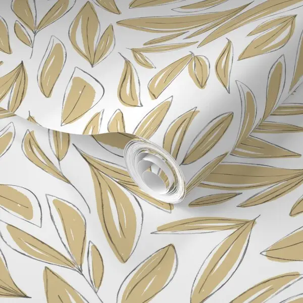 Spoonflower Flowers Leaves Floral Nature Autumn Fall Beige Custom Pre-pasted Wallpaper - Beige,green,white
