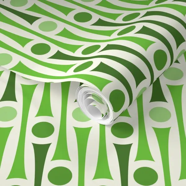 Spoonflower Green Retro Circles Geometric Dots Stripes Striped Custom Pre-pasted Wallpaper - Green,sage