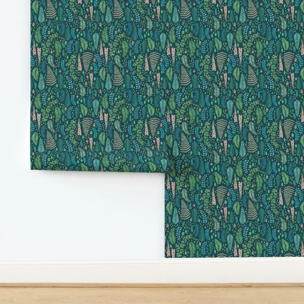 Spoonflower Emerald Forest Turquoise Fern Leaf Beetle Woodland Custom Pre-pasted Wallpaper - Green,blue,teal