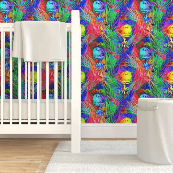 Spoonflower Psychedelic Animals Funky Jungle Monkey Summer Custom Pre-pasted Wallpaper