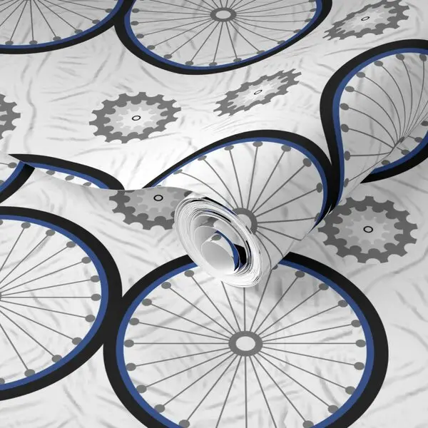 Spoonflower Black And White Bicycle Bike Parts Grey Custom Pre-pasted Wallpaper - Blue,green