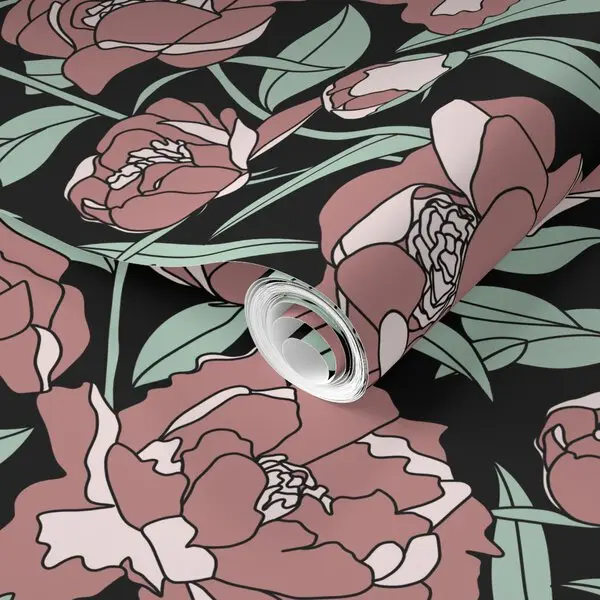 Spoonflower Black Flowers Floral Nature Dark Background Custom Pre-pasted Wallpaper - Red,black,gray