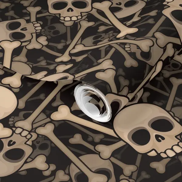 Spoonflower Skulls Skeleton Bones Halloween Spooky Macabre Custom Pre-pasted Wallpaper - Black,tan,brown
