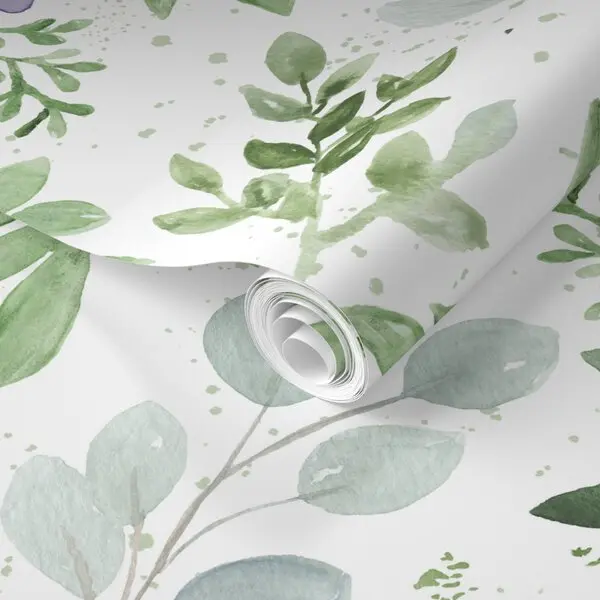 Spoonflower Leaves Lavender Violets Eucalyptus Floral Purple Custom Pre-pasted Wallpaper - Green,purple,gray