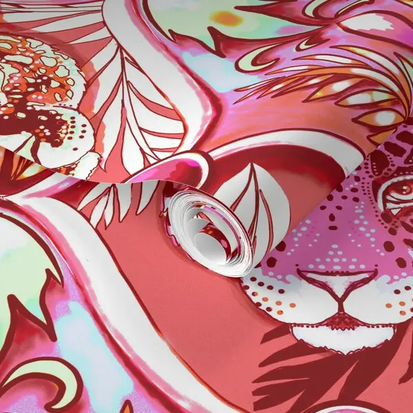 Spoonflower Pink Coral Leopards Big Cats Jaguars Tropical Custom Pre-pasted Wallpaper - Red,pink,gray