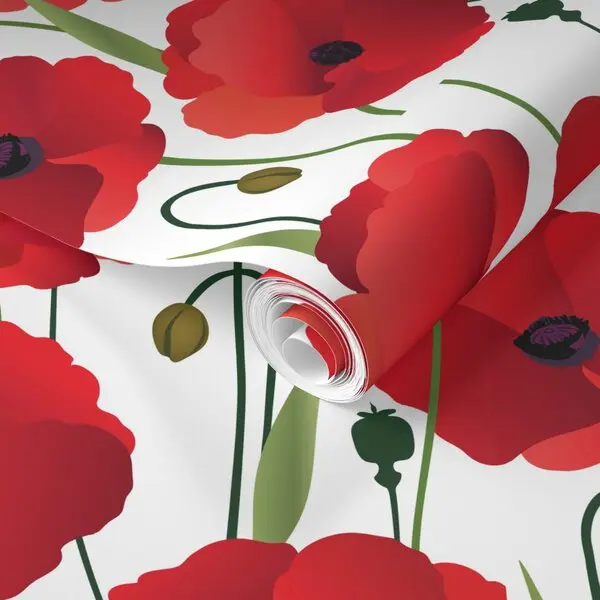 Spoonflower Red Poppies Flowers Custom Pre-pasted Wallpaper - Red,white,gray