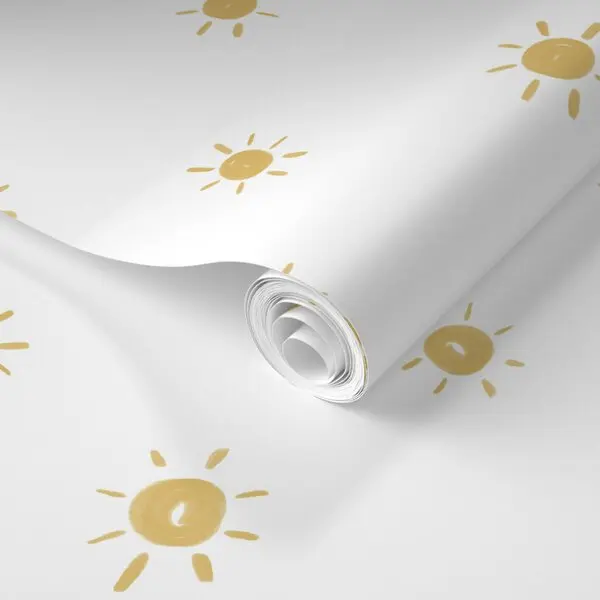 Spoonflower Yellow Bright Gold Happy Baby Sun Summer Custom Pre-pasted Wallpaper - Gray,yellow,beige
