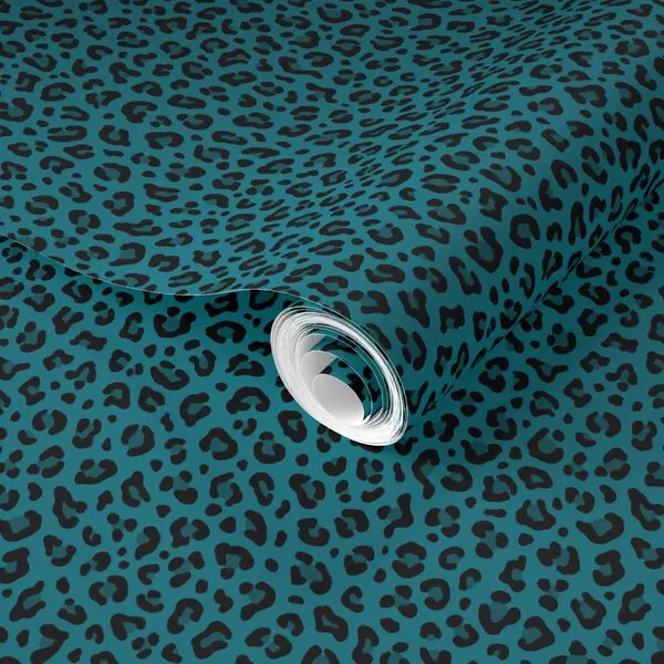 Spoonflower Blue Teal Punk Animal Leopard Cheetah Rockabilly Custom Pre-pasted Wallpaper - Blue,black