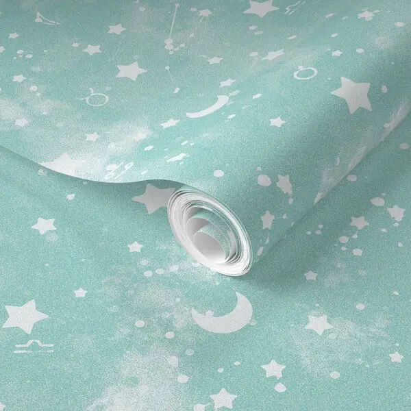 Spoonflower Stars Clouds Turquoise Constellations Nursery Custom Pre-pasted Wallpaper - Teal,white,green