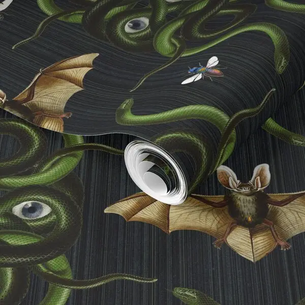 Spoonflower Green Gothic Bats Halloween Neon Snake Eyes Custom Pre-pasted Wallpaper - Black,brown,green
