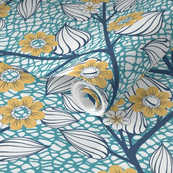 Spoonflower Teal Blue Branches Triangles Yellow Flowers Flower Custom Pre-pasted Wallpaper - Teal,blue,green
