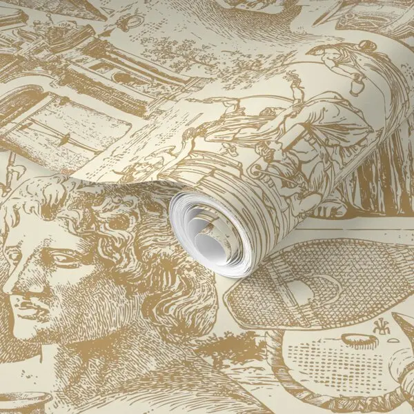 Spoonflower Toile History Egypt Classical Archaeology Custom Pre-pasted Wallpaper - Brown