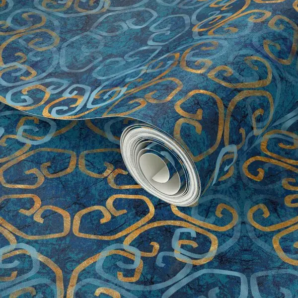 Spoonflower Blue Teal Gold Aqua Batik Texture Scroll Custom Pre-pasted Wallpaper - Blue,brown,green