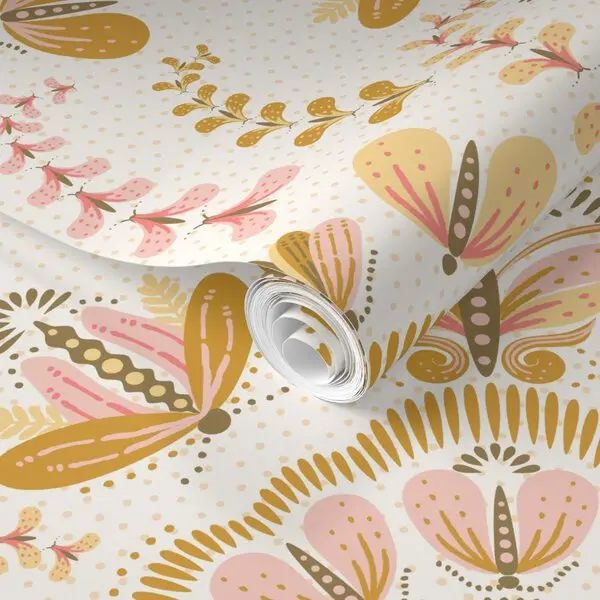 Spoonflower Gold Butterfly Light Pink Whimsical Damask Custom Removable Wallpaper - Pink,gold