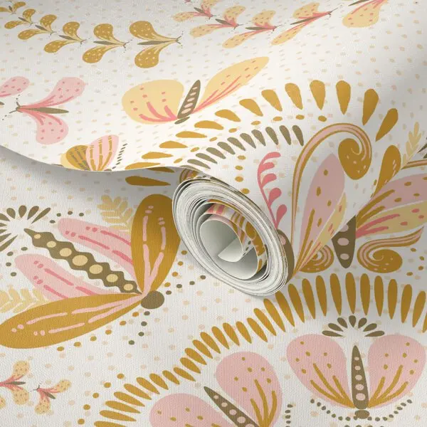 Spoonflower Gold Butterfly Light Pink Whimsical Damask Custom Pre-pasted Wallpaper - Pink,gold