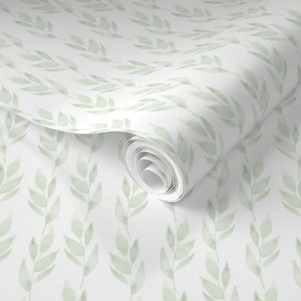 Spoonflower Green Leaves Floral Wheat Leaf Sage Nursery Custom Pre-pasted Wallpaper - Gray,green