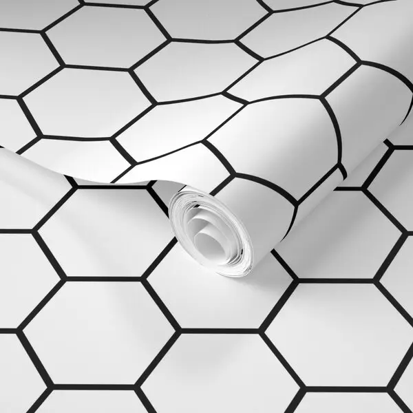 Spoonflower Black And White Geometric Tiles Honeycomb Hexagon Custom Pre-pasted Wallpaper - White,black,gray