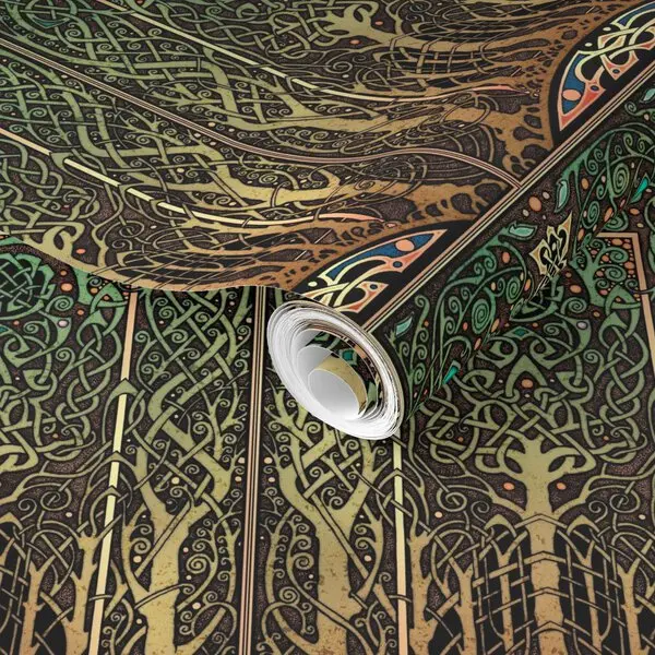 Spoonflower Green Blue Brown Tree Border Celtic Tanglewood Custom Pre-pasted Wallpaper - Green,gold,brown