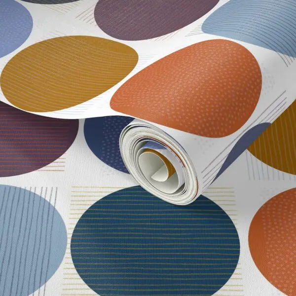 Spoonflower Retro Dots Polka Geometric Vintage Mid Custom Pre-pasted Wallpaper - Blue