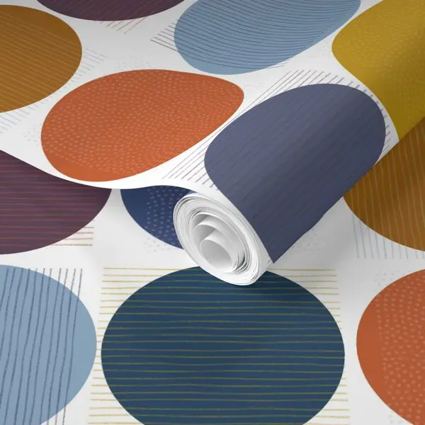 Spoonflower Retro Dots Polka Geometric Vintage Mid Custom Pre-pasted Wallpaper - Blue