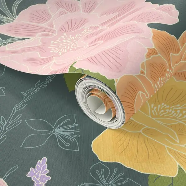 Spoonflower Green Summer Flowers Floral Botanical Lavender Custom Pre-pasted Wallpaper - Green,pink,orange