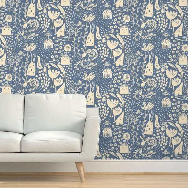 Spoonflower Whimsical Folk Art Cream Bird Floral Shabby Custom Pre-pasted Wallpaper - Blue