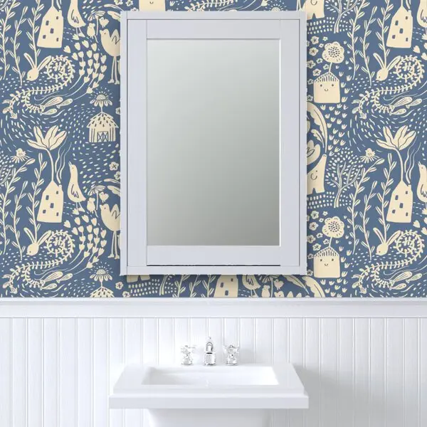Spoonflower Whimsical Folk Art Cream Bird Floral Shabby Custom Pre-pasted Wallpaper - Blue