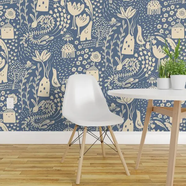 Spoonflower Whimsical Folk Art Cream Bird Floral Shabby Custom Pre-pasted Wallpaper - Blue